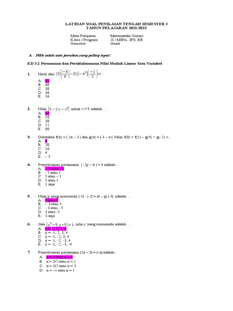 Soal Latihan Pts 1 Math U Kls X Kunci Jawaban A | PDF | Metode & Bahan Ajar
