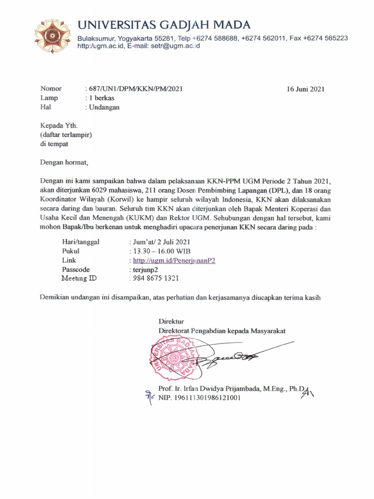 Surat Undangan Penerjunan KKN UGM P2 Tahun 2021 (Camat, Panewu & Ka ...
