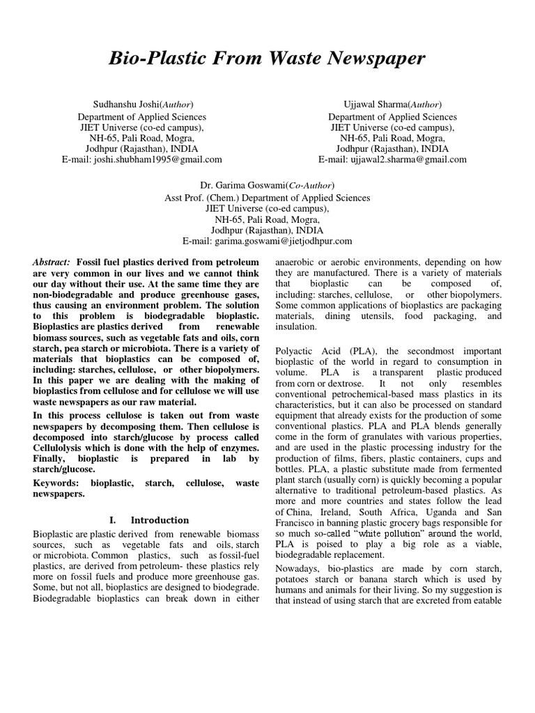 Bioplastic Production from Waste Newspapers | PDF | Cellulose | Materials