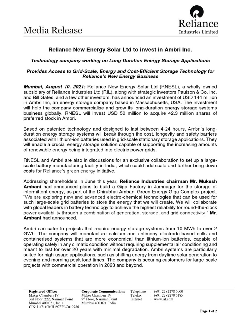 Reliance New Energy Solar Ltd to invest USD 50 million in Ambri Inc. to ...