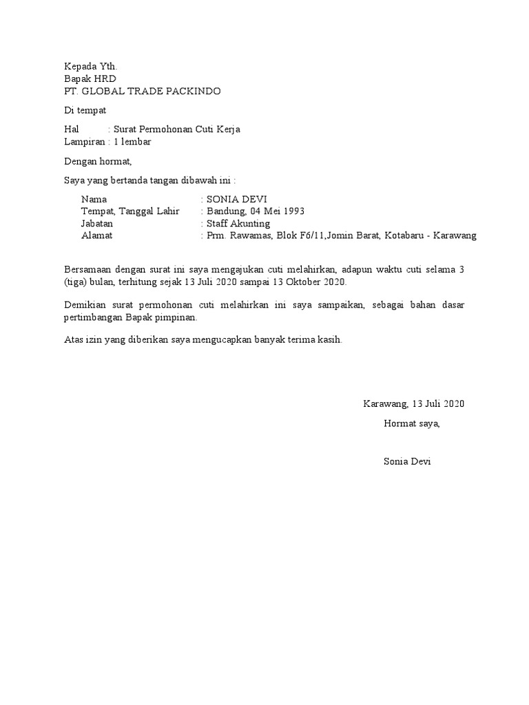 Contoh Surat Cuti Melahirkan | PDF