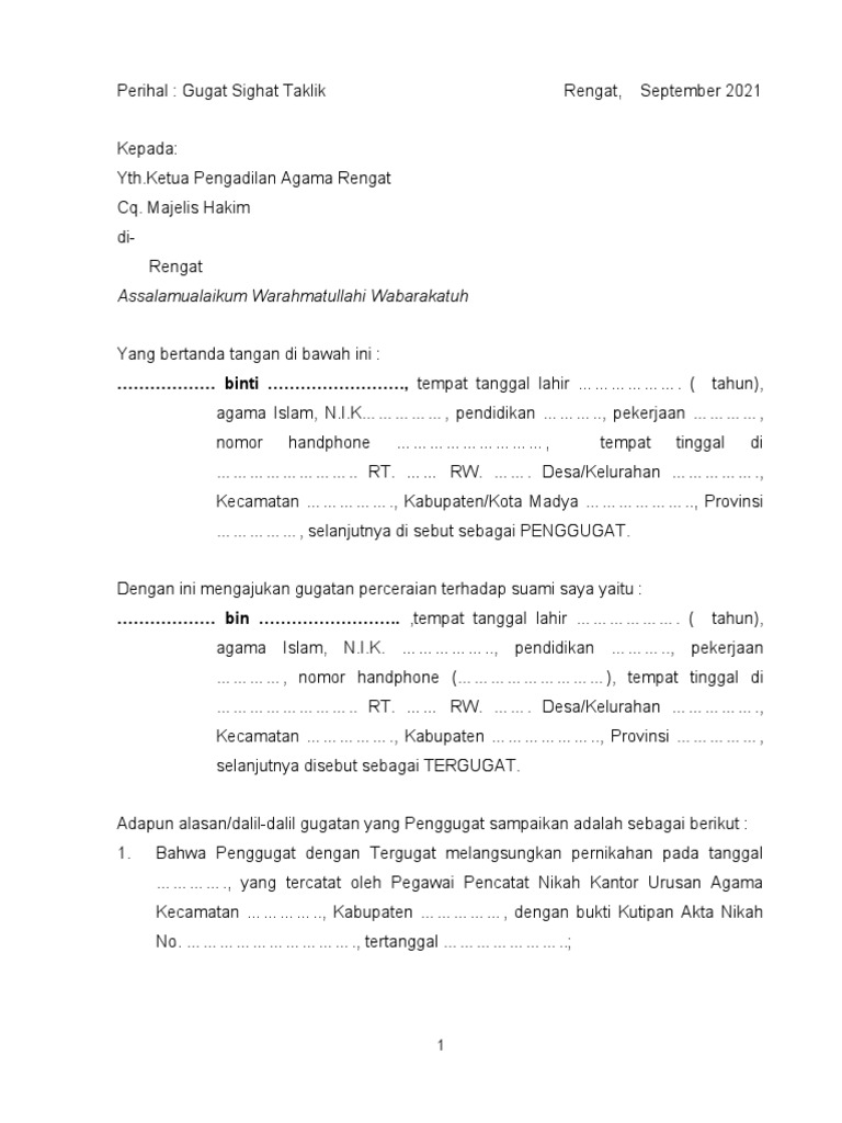 Contoh Surat Gugatan Cerai Sighat Taklik | PDF | Kajian Bahasa Asing ...