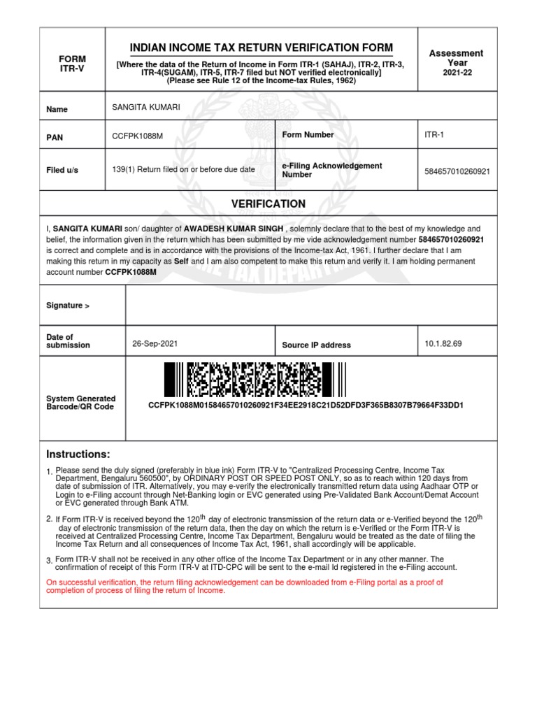 Indian Income Tax Return Verification Form: Form Itr-V Assessment Year ...