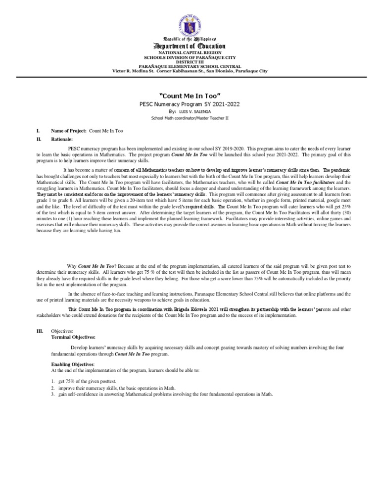 PESC Numeracy Program - Count Me in Too | PDF | Learning | Cognition