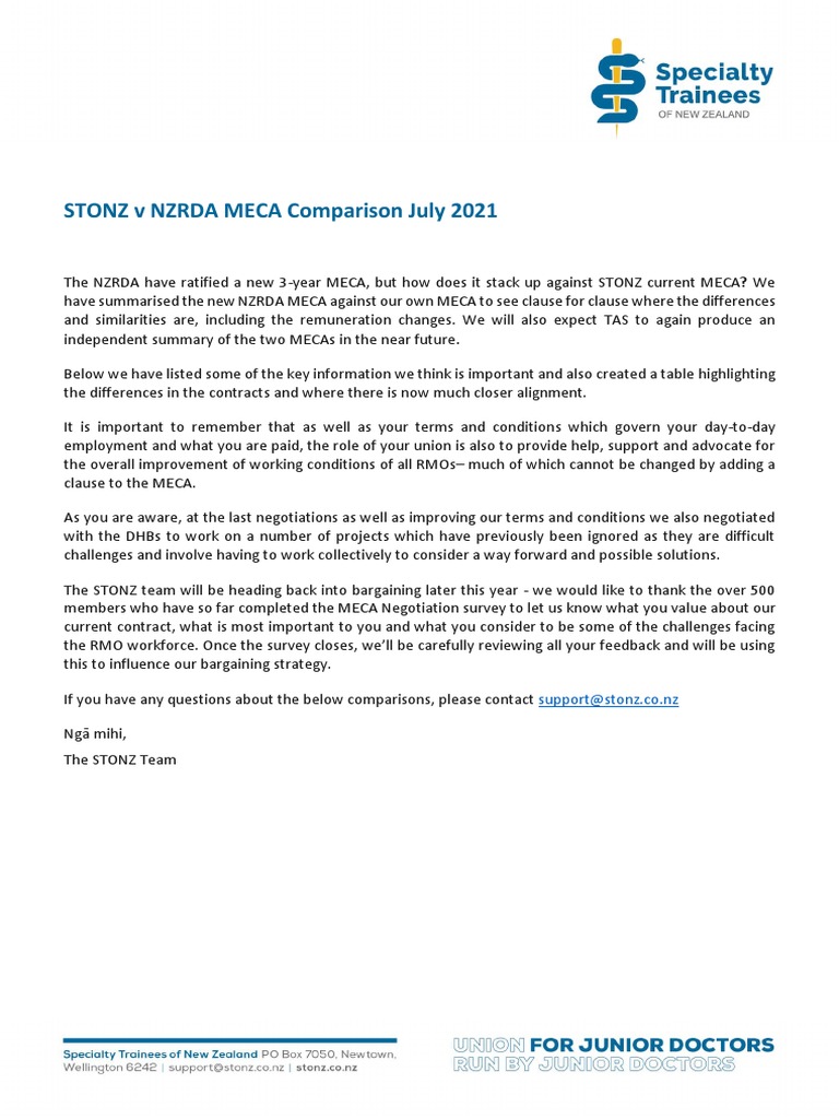 STONZ V NZRDA MECA Comparison - July 2021 | PDF | Sick Leave | Salary