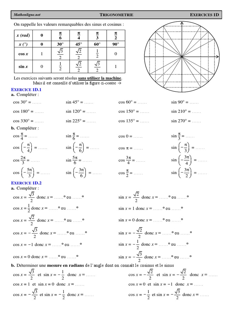 Chap 04 - Ex 1D - Angles Et Valeurs Remarquables Du Cercle ...