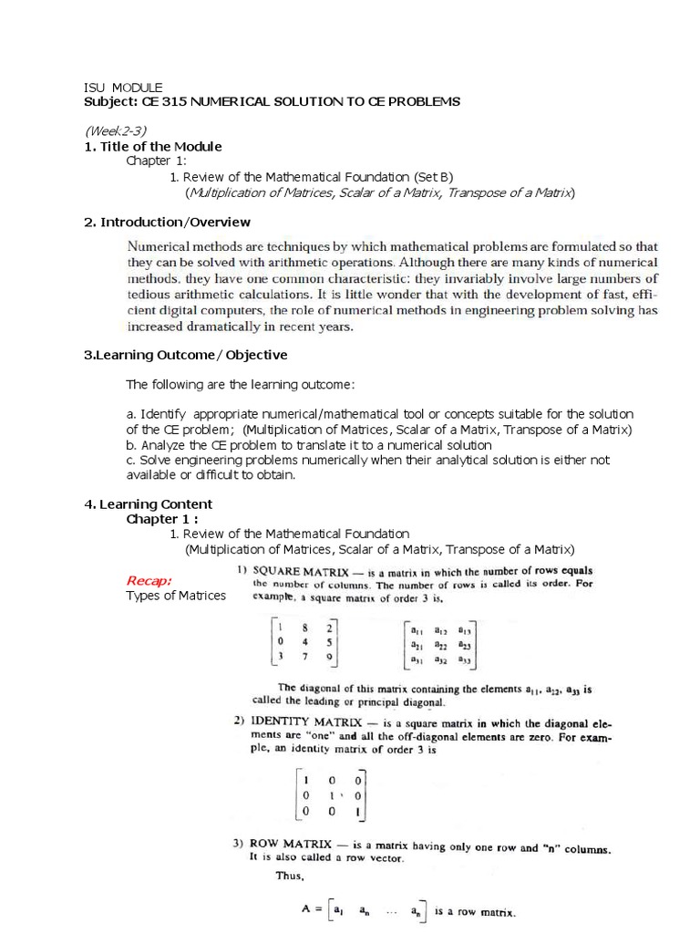 Week 2 3 - CE 315 Numericals Moduleset B | PDF | Matrix (Mathematics) | Matrix Theory