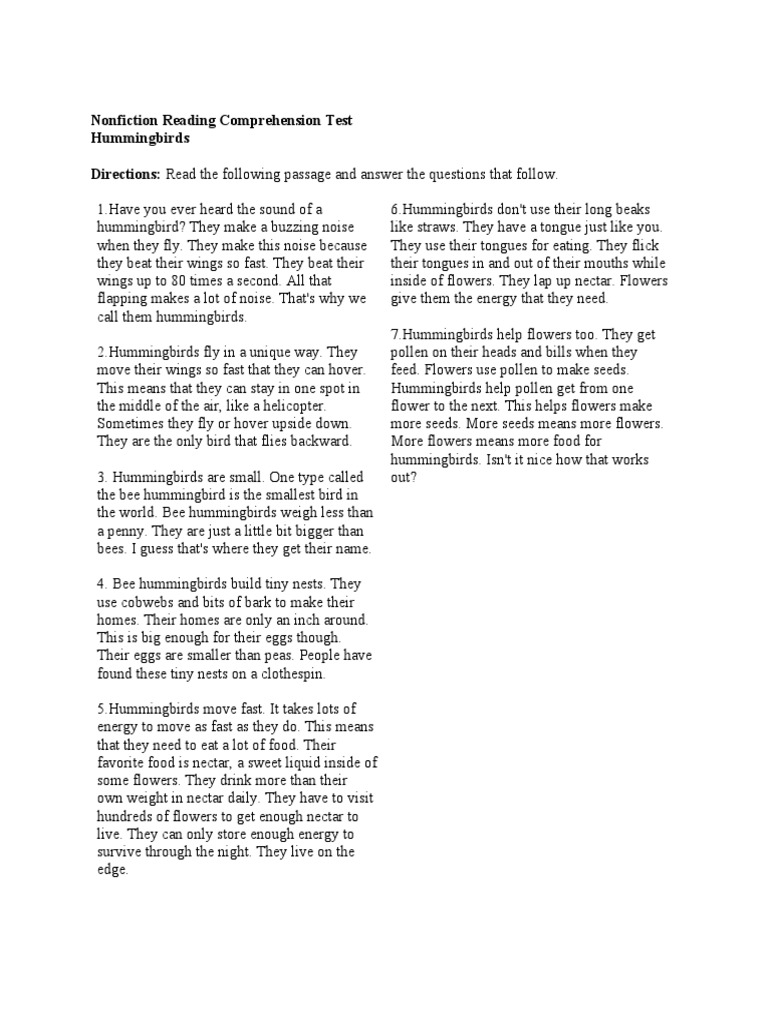 Nonfiction Reading Comprehension Test Hummingbirds Directions: Read The ...