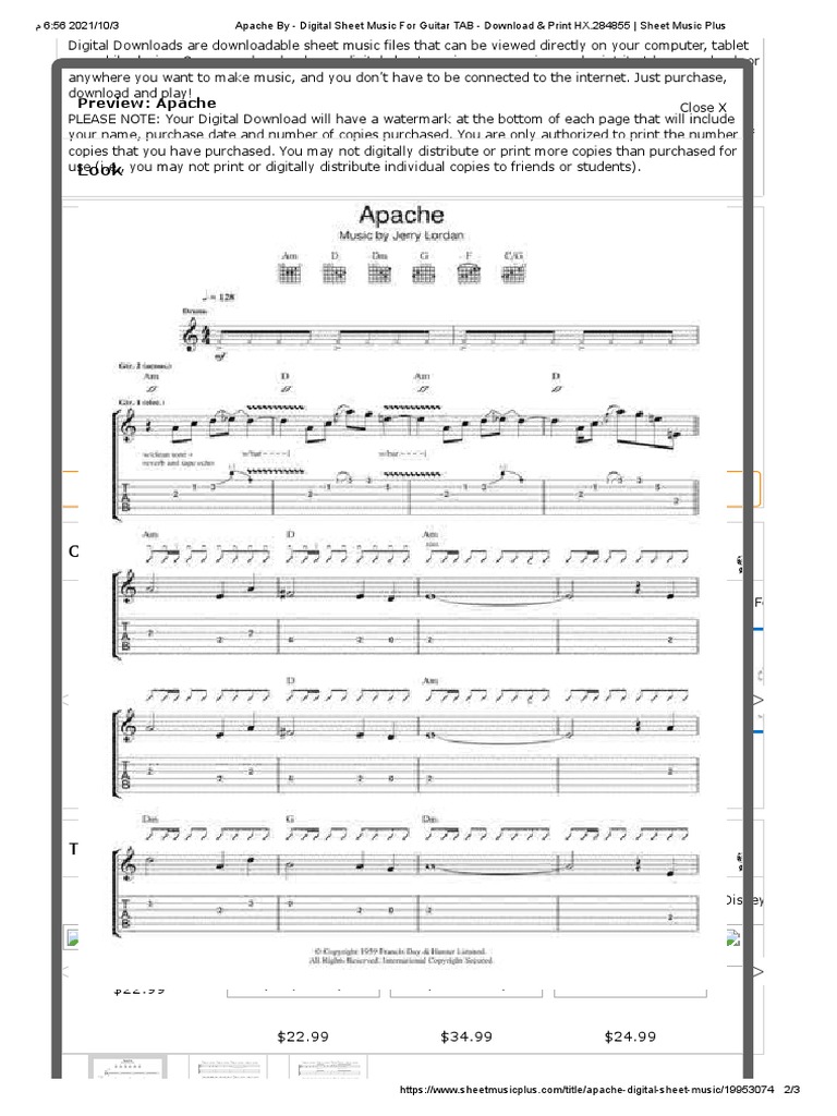 Apache by - Digital Sheet Music For Guitar TAB - Download & Print HX ...