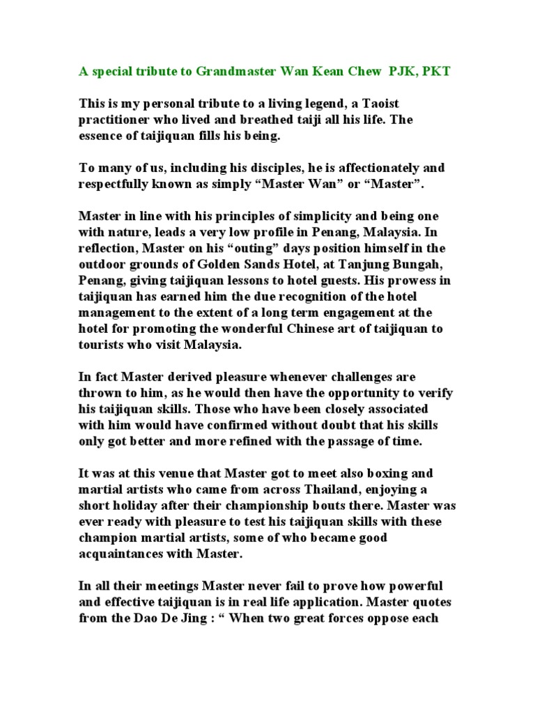 A Special Tribute To Grandmaster Wan Kean Chew PJK | PDF | Tai Chi