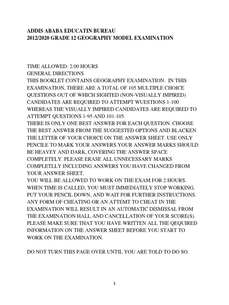 Geography Model Exam Grade 12 | PDF | Ethiopia | Africa
