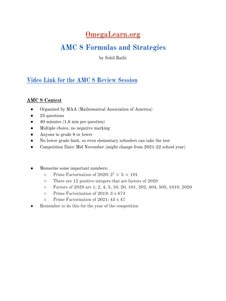 AMC 8 Formulas and Strategies Handout | PDF | Area | Triangle