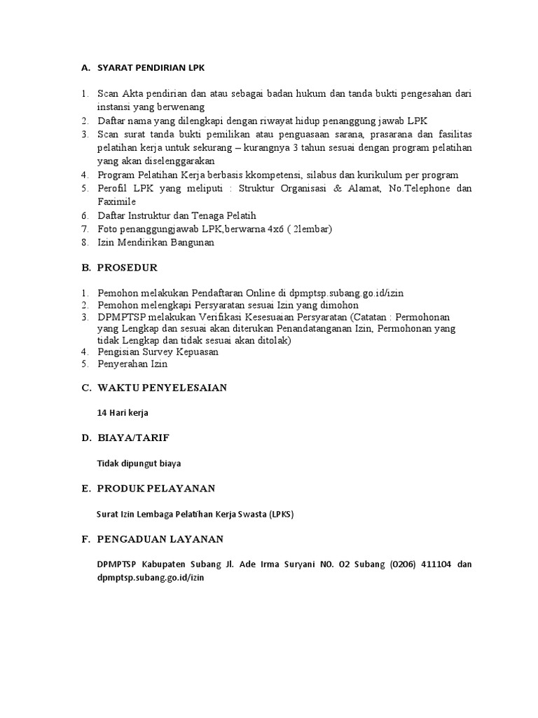 Syarat Pendirian LPK | PDF