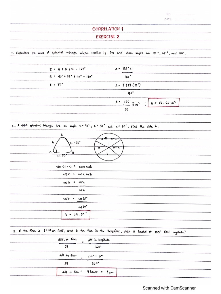 Spherical Trigonometry Exercises | PDF