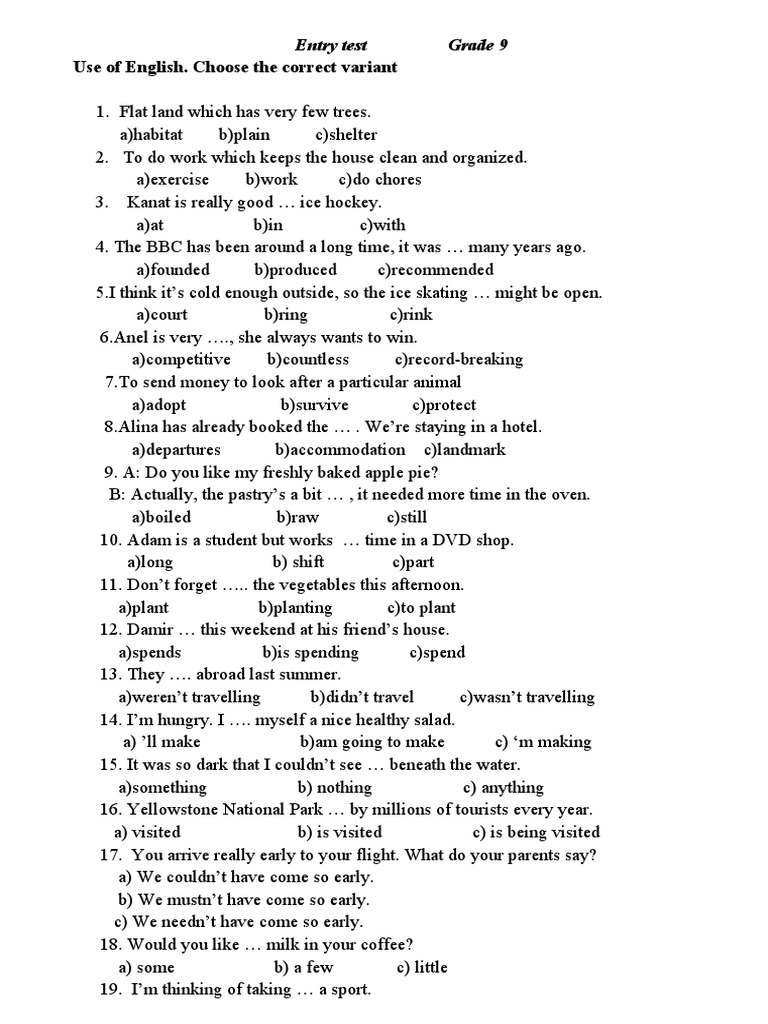 Use of English. Choose The Correct Variant: Entry Test Grade 9 | PDF