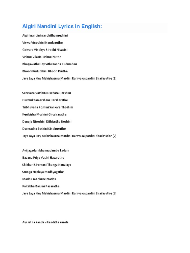 Aigiri Nandini Lyrics in English | PDF | Hindu Deities | Hindu Mythology