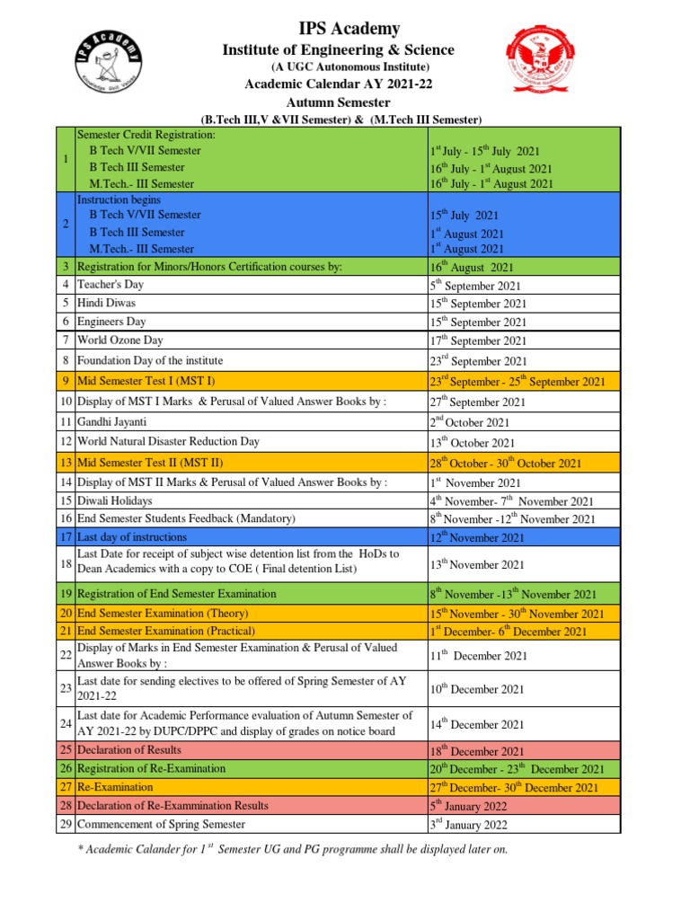 IPS Academy Academic Calendar 2021-22 | PDF | Academic Term | Academia