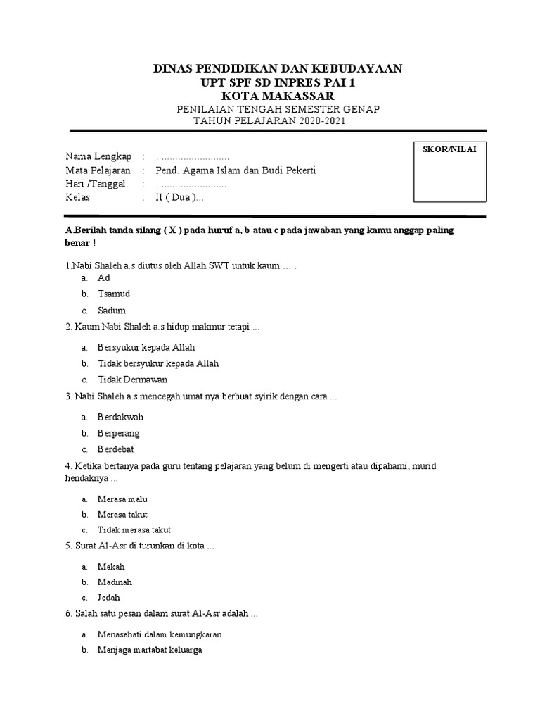 Soal PTS Pai KLS 2 Semstr 2 | PDF | Agama & Spiritualitas