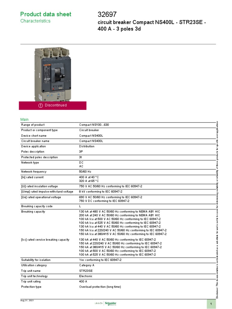 Product Data Sheet: Circuit Breaker Compact NS400L - STR23SE - 400 A - 3 Poles 3d | PDF ...