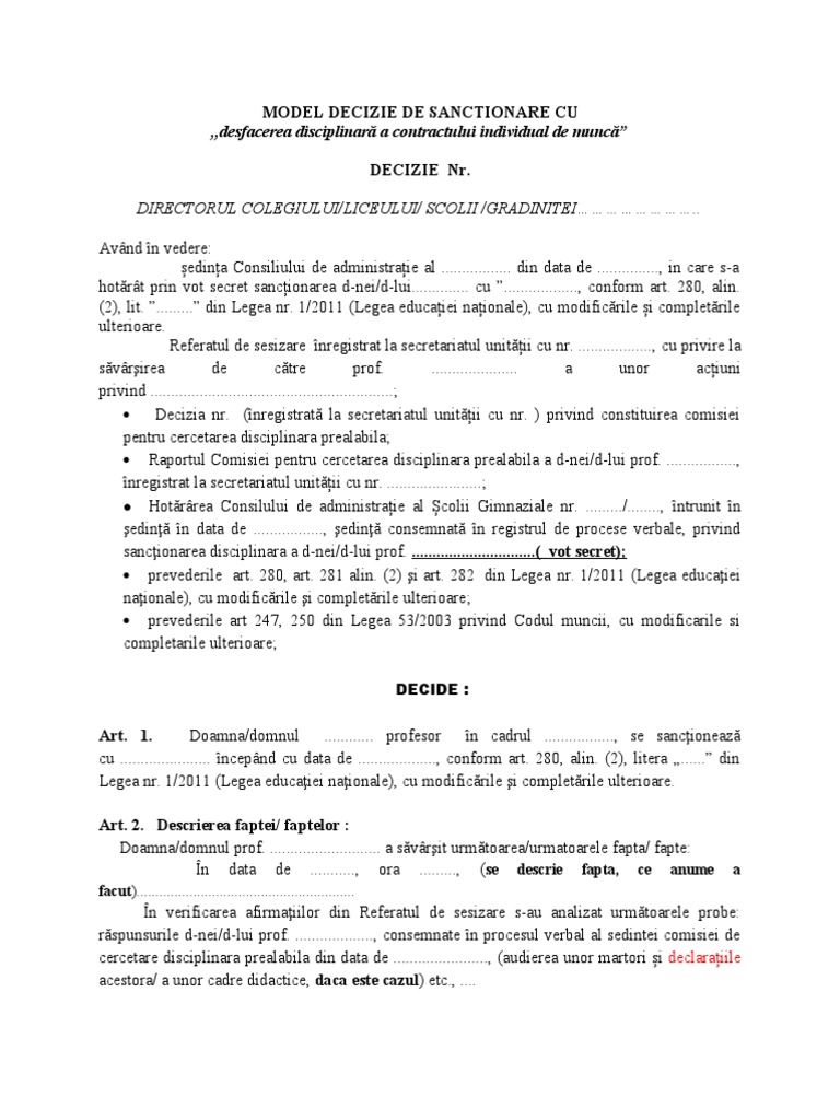Modele Decizii Sanctionare Disciplinara | PDF