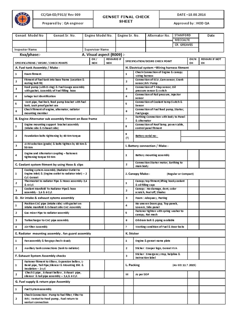 Geneset Check Sheet - Qap | PDF | Radiator | Turbocharger