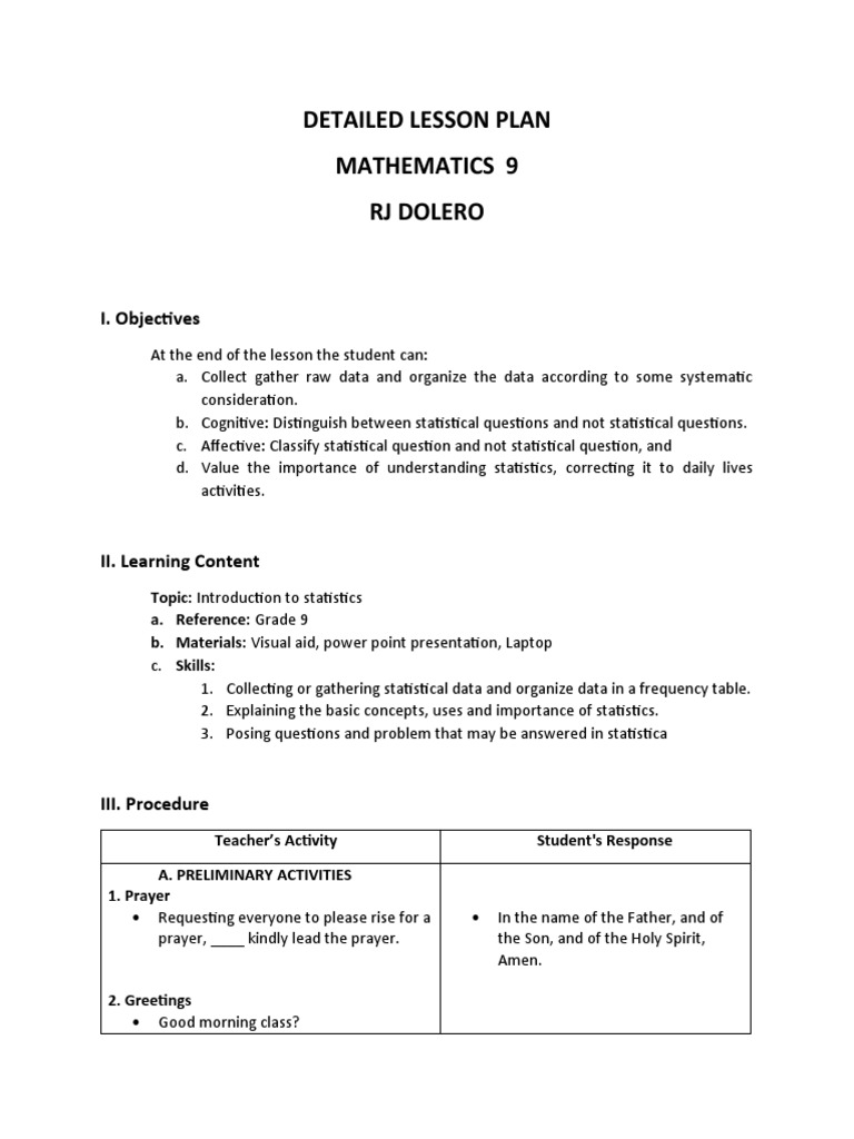 Detailed Lesson Plan Mathematics 9 RJ Dolero: I. Objectives | PDF ...
