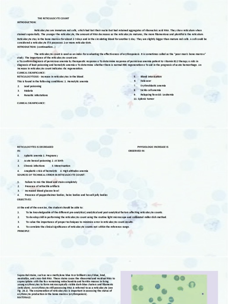 Hematology 1 Lab - The Reticulocyte Count | PDF | Anemia | Red Blood Cell