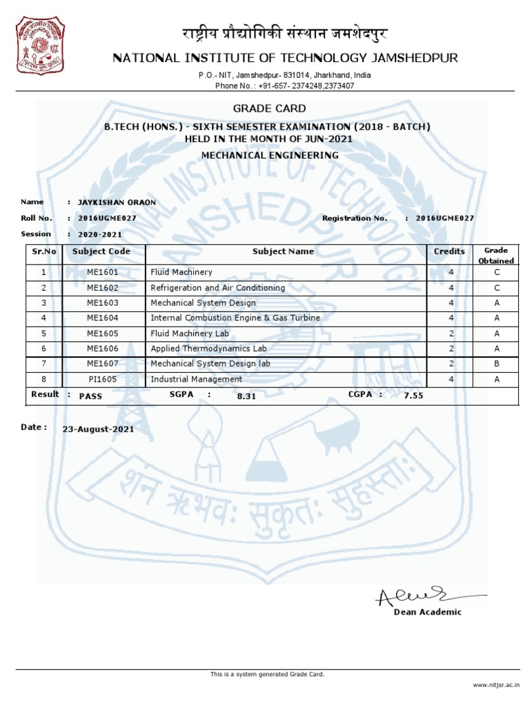 National Institute of Technology Jamshedpur: Grade Card | PDF | Gases ...