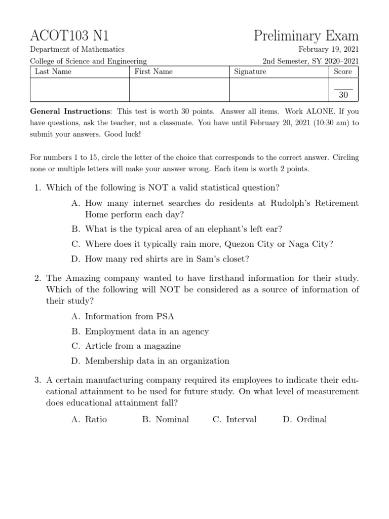 Acot103 - Preliminary Exam | PDF | Test (Assessment) | Statistics