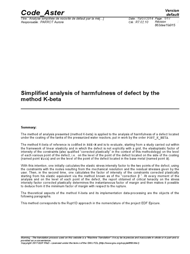 Code - Aster: Simplified Analysis of Harmfulness of Defect by The ...