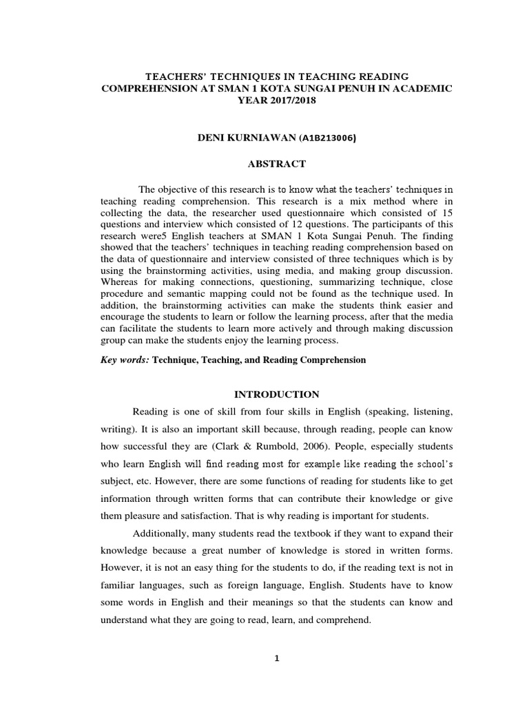 (Article) Teachers Teachiques in Teaching Reading Comprehesnion at SMAN ...