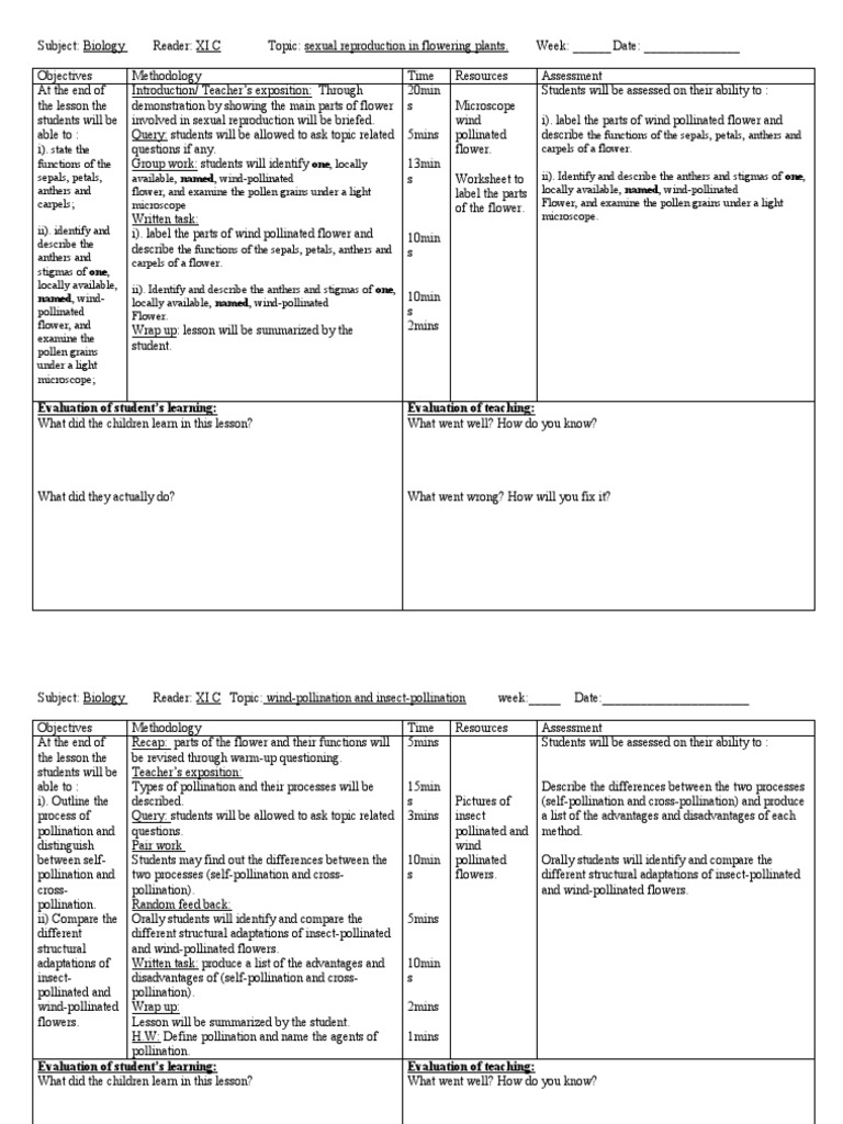 Lesson Plan For Reproduction in Plants | PDF | Flowers | Pollination