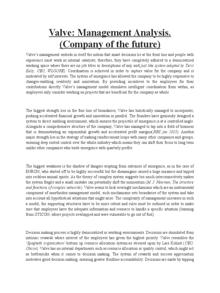 Valve: Management Analysis. (Company of The Future) | PDF | Emergence ...