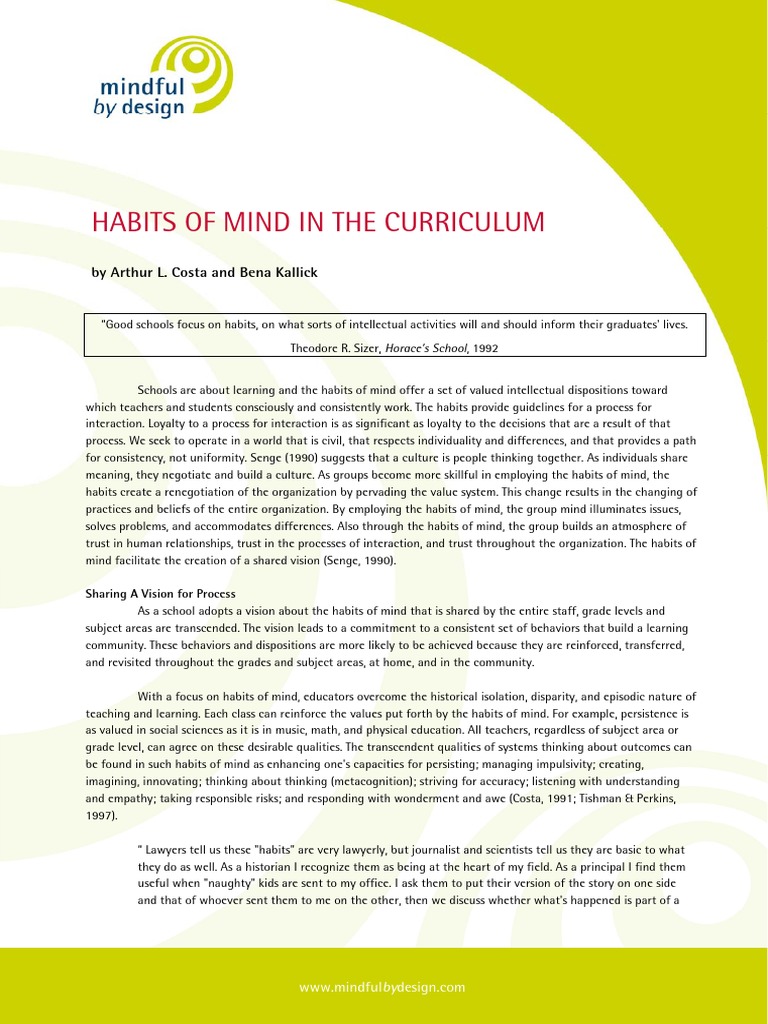Habits of Mind in The Curriculum | PDF | Curriculum | Mind