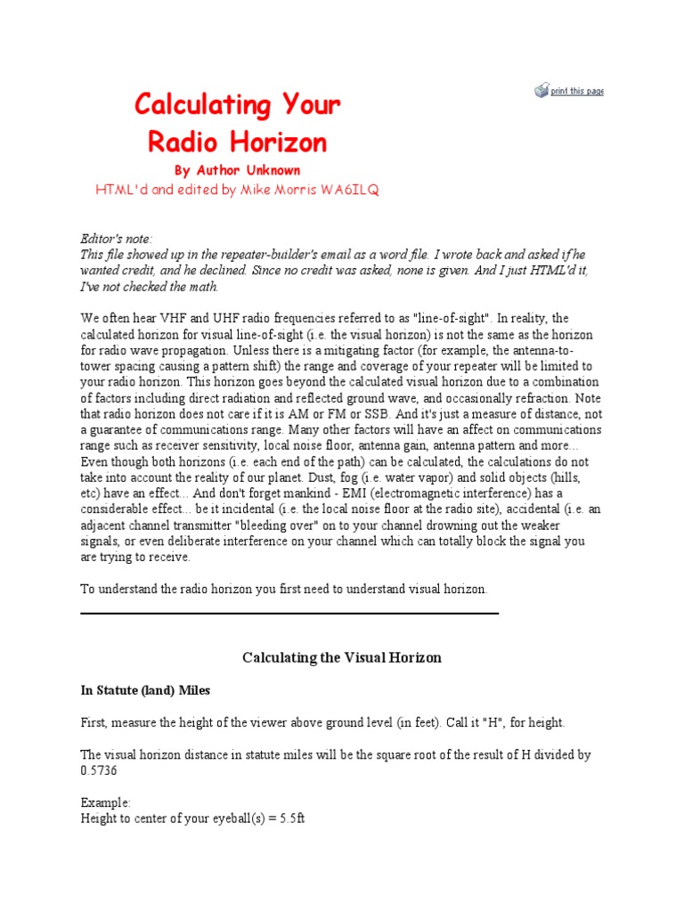 Calculating Your Radio Horizon: HTML'D and Edited by Mike Morris WA6ILQ ...