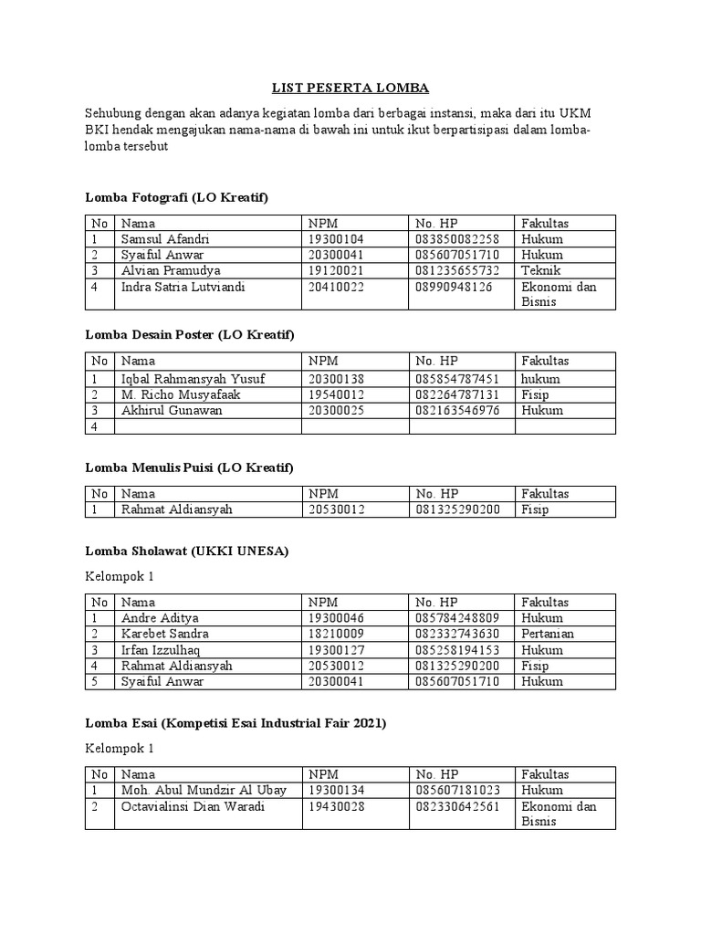 List Peserta Lomba | PDF