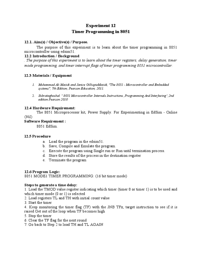 Experiment 12 Timer Programming in 8051: 12.1. Aim(s) / Objective(s ...