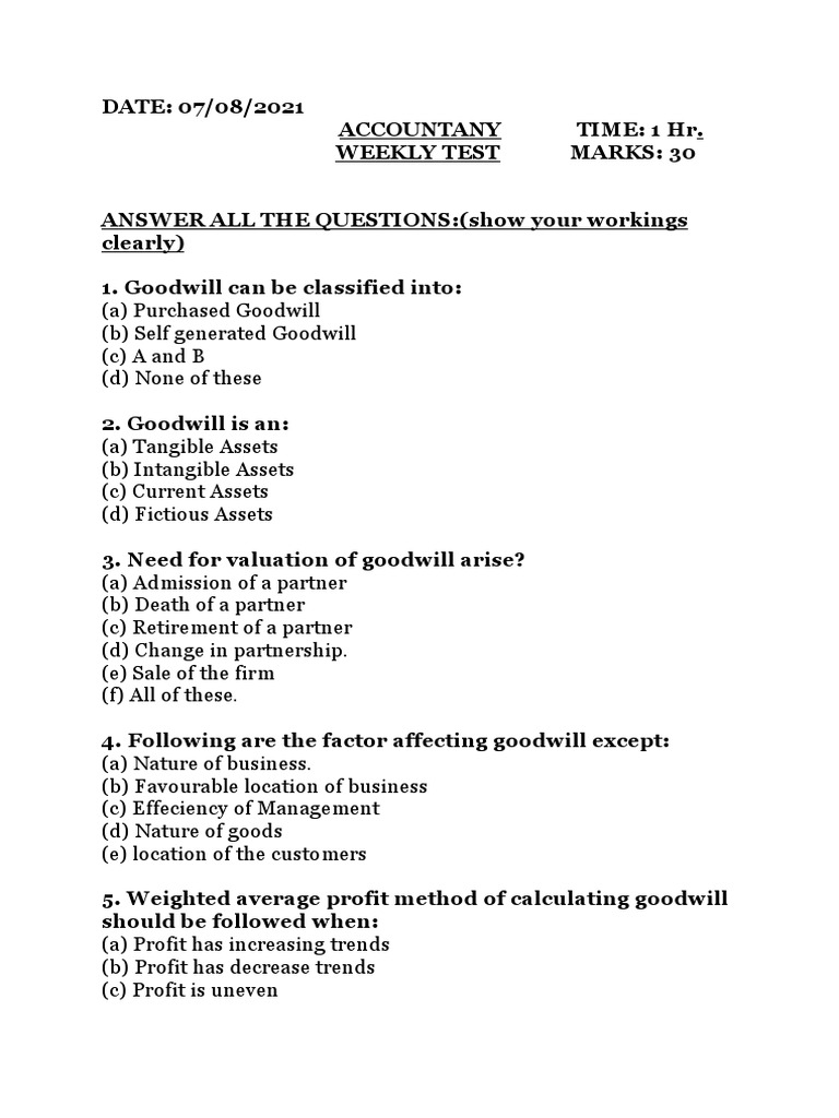 Accountancy - Weekly Test | PDF | Goodwill (Accounting) | Valuation ...
