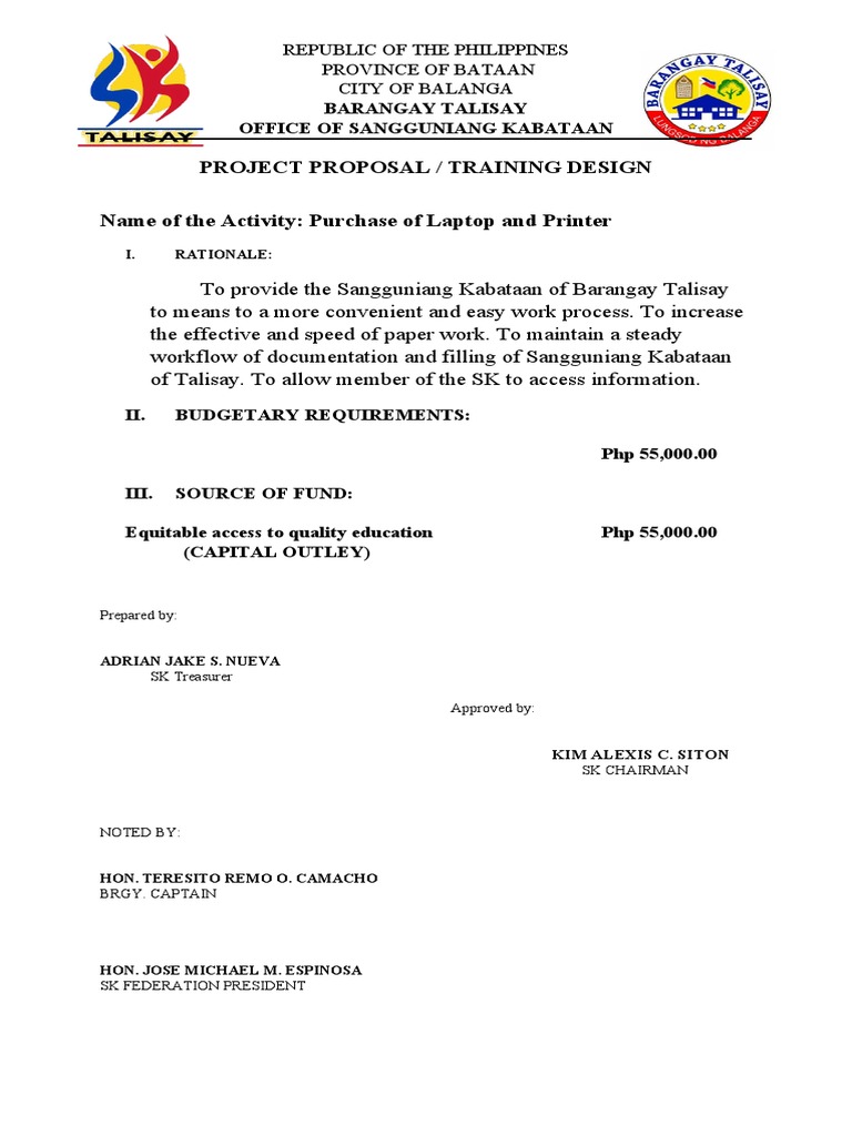 Project Proposal / Training Design Name of The Activity: Purchase of ...