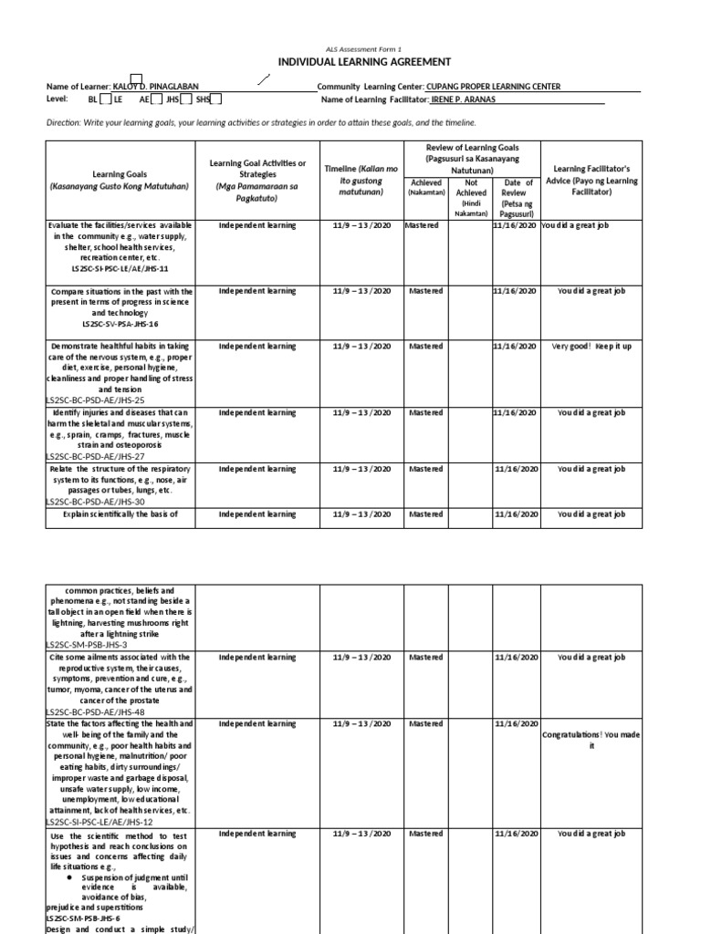 Individual Learning Agreement | PDF | Learning | Cancer