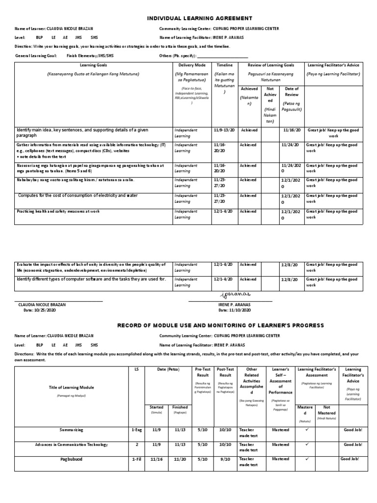 ALS Form 1 and 2 RTOT Irene Aranas | PDF | Learning | Learning Styles