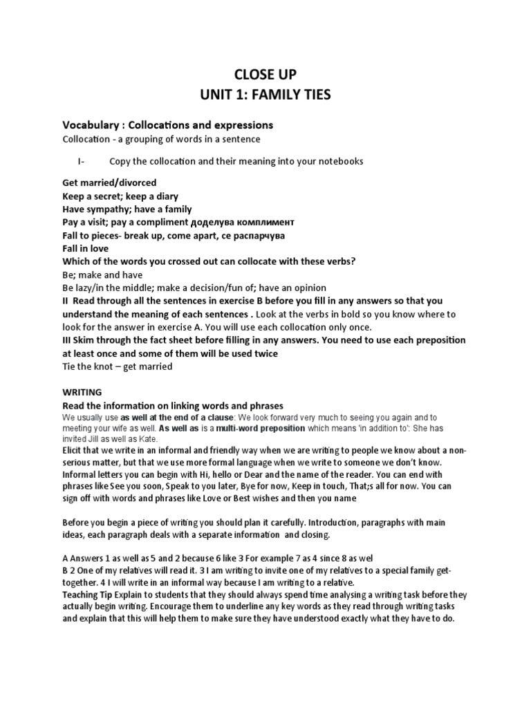 Family Ties Vocabulary and Writing | PDF | Sentence (Linguistics ...