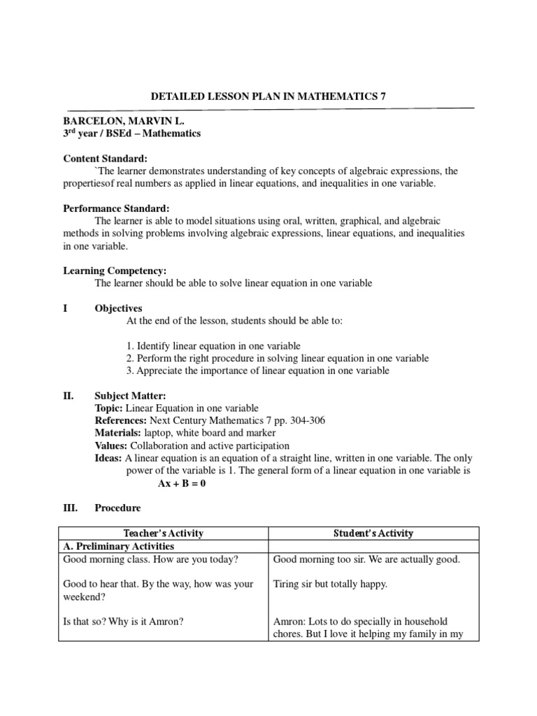 DETAILED LESSON PLAN Grade 7 | PDF | Equations | Lesson Plan