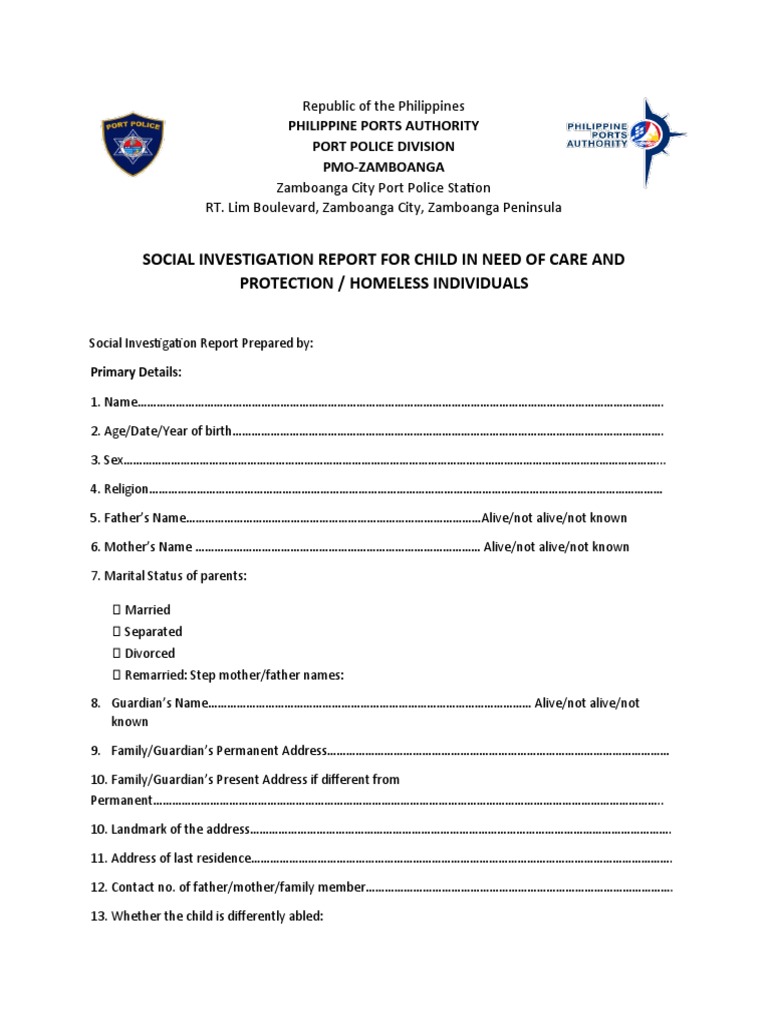 Social Investigation Report Form | PDF | Family | Disability