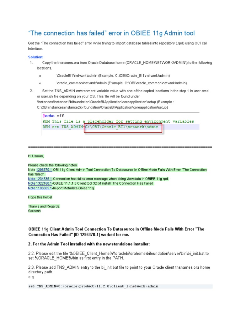 OBIEE Admin Tool Error - The Connection Has Failed | PDF