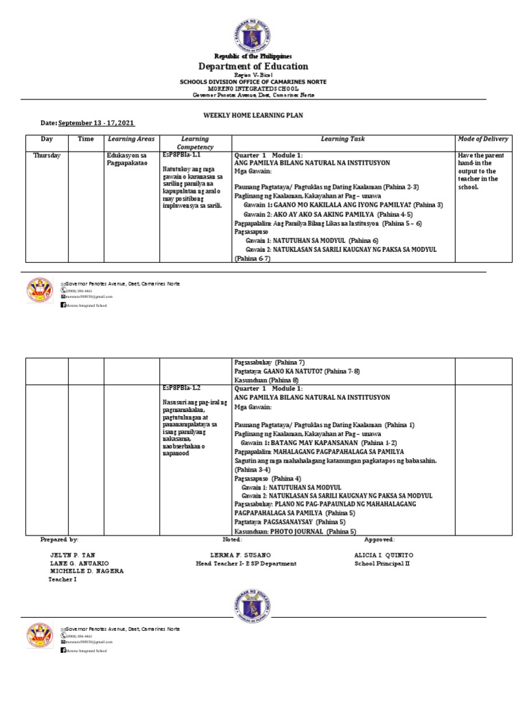 Weekly-Home-learning-Plan ESP | PDF