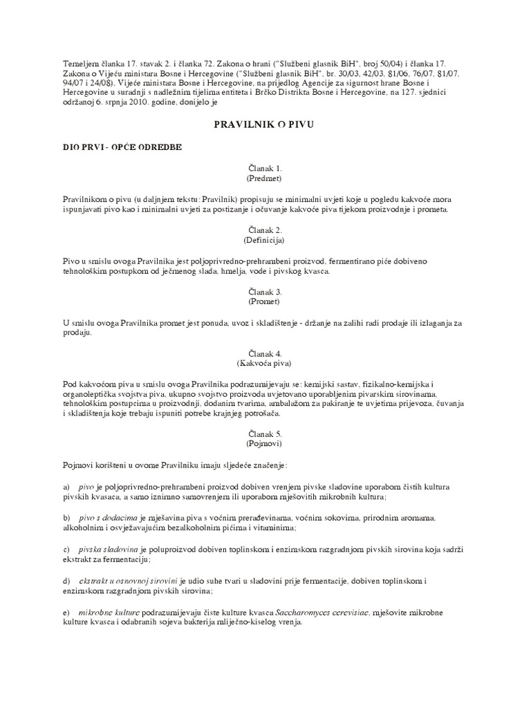 Pravilnik o Pivu BiH 2010 | PDF