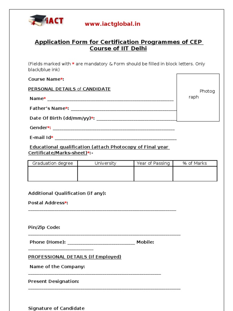 Application Form For Certification Programmes of CEP Course of IIT ...