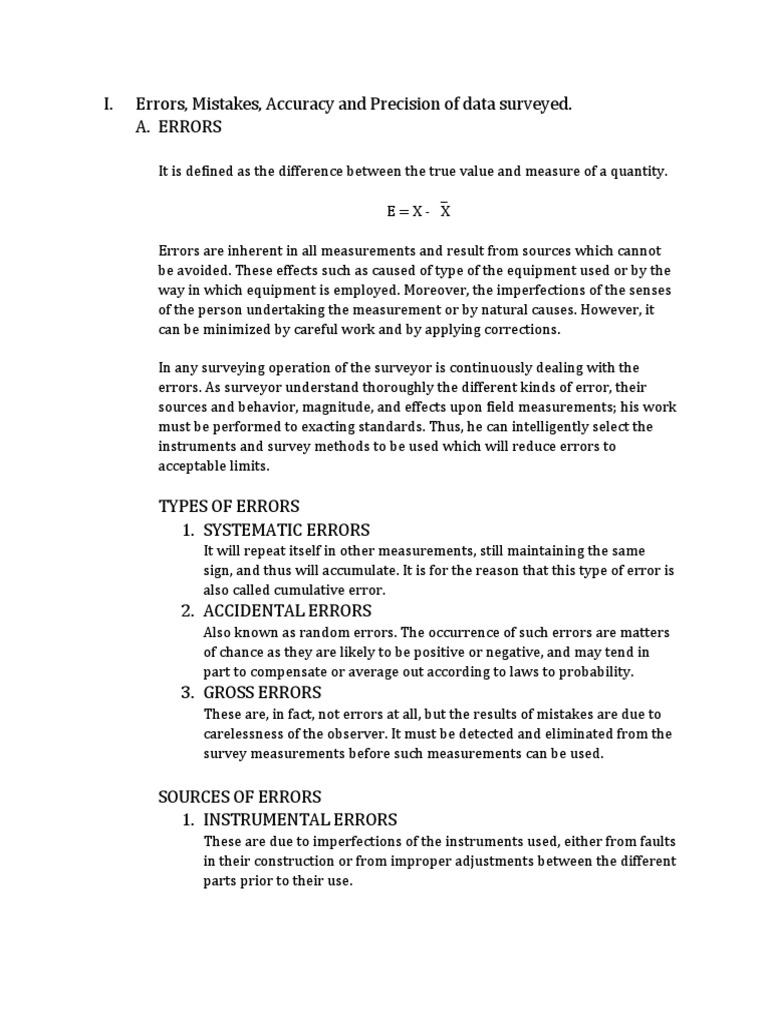 I. Errors, Mistakes, Accuracy and Precision of Data Surveyed. A. Errors | PDF | Compass | Errors ...