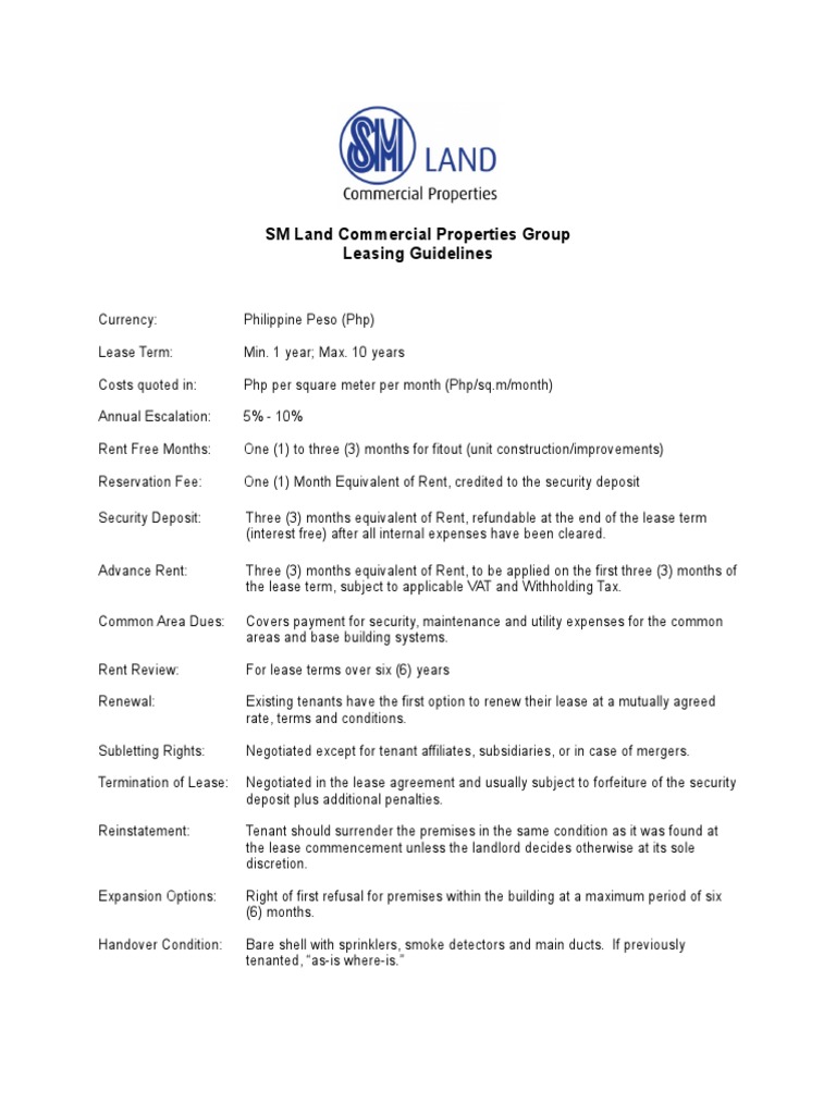SM Land Commercial Properties Group Leasing Guidelines | PDF | Lease ...